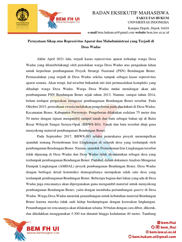 Pernyataan Sikap Atas Represivitas Aparat Dan Maladministrasi Yang Terjadi Di Desa Wadas | PDF