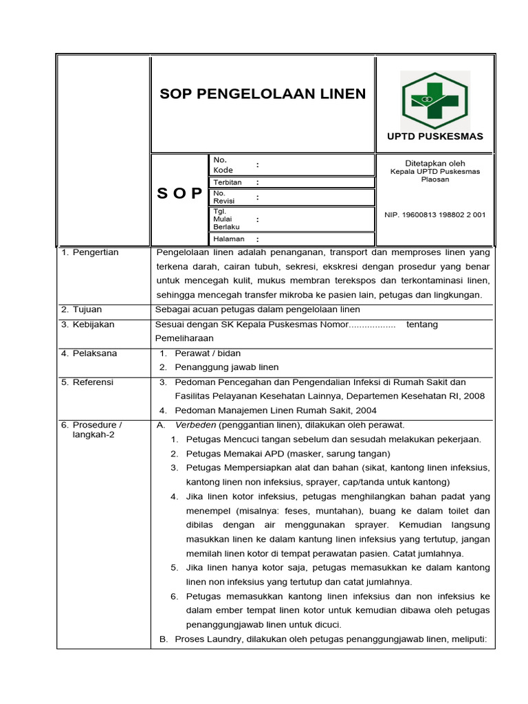 Contoh Sop Pengelolaan Linen | PDF