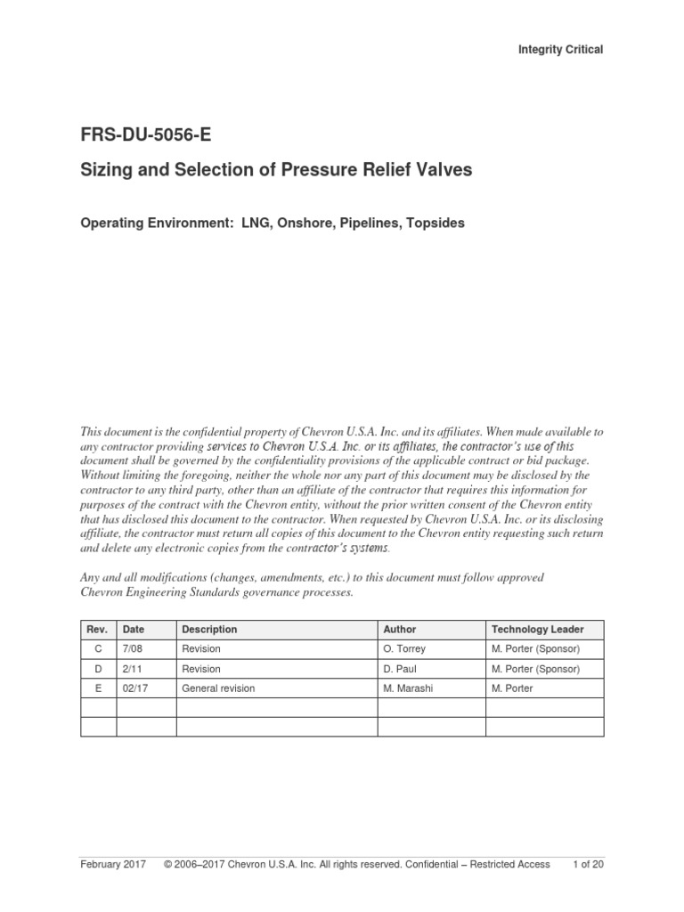 US Chevron Spec. PSV - Sizing and Selection of Pressure Relief Valves ...
