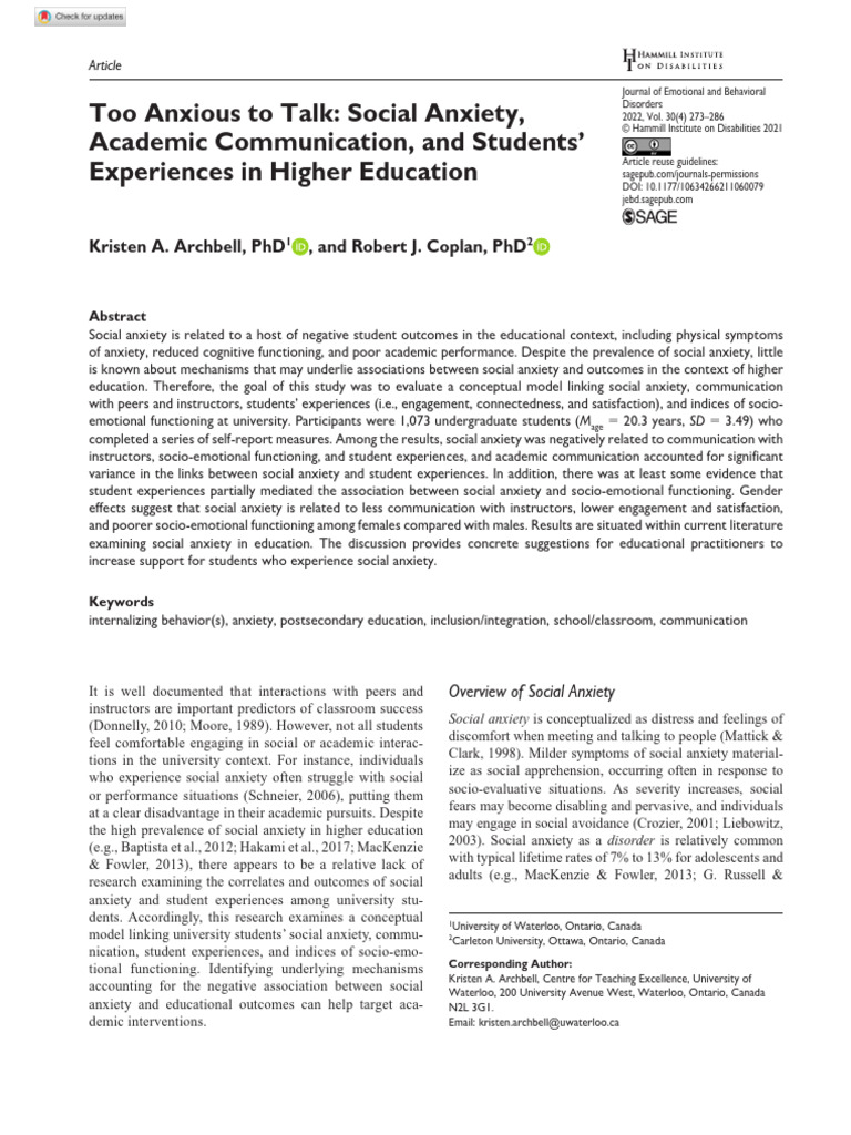 Too Anxious To Talk Research Article | PDF | Anxiety | Social Anxiety
