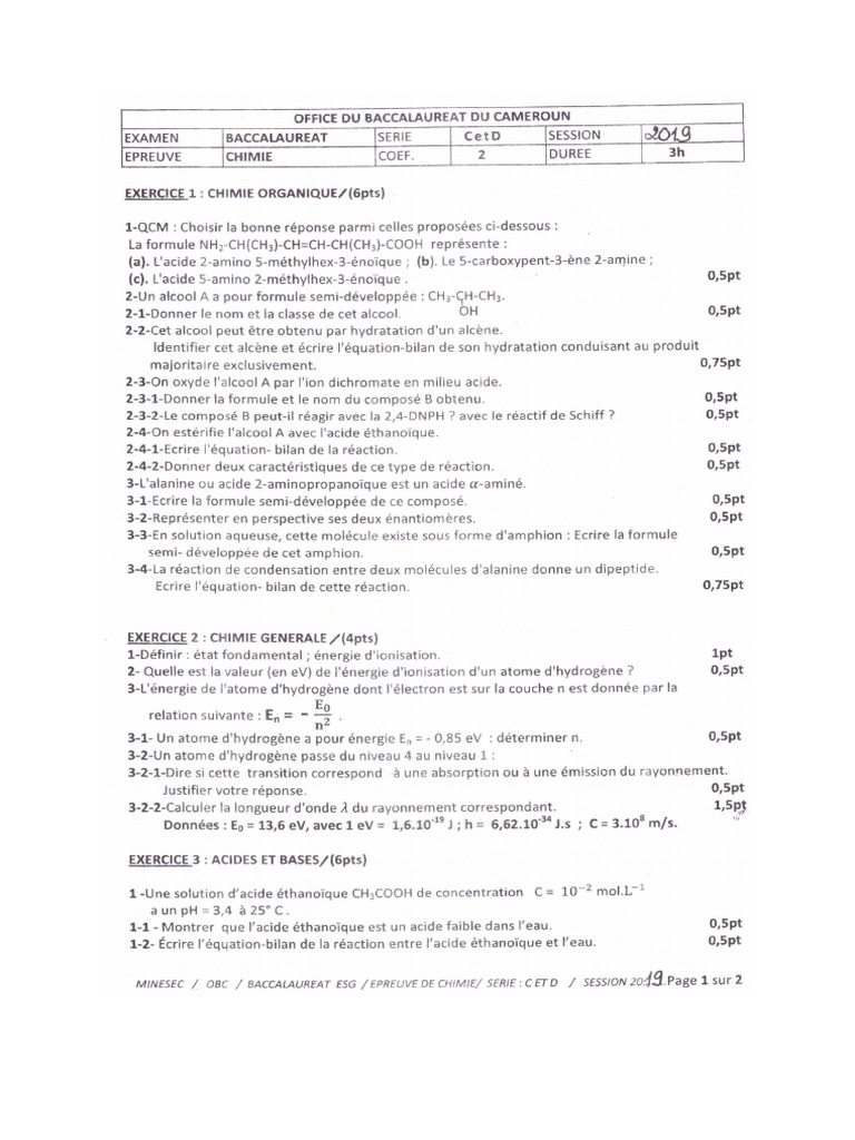 Epreuve Bac C D 2019 Chimie, Cameroun | PDF