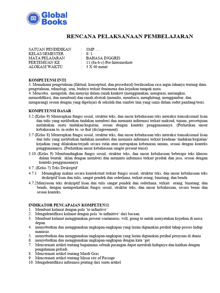 RPP LIFE Pre-Intermediate Unit 6 Sesuai KurNas 2016-May 2018 Edition | PDF | Seni & Disiplin Bahasa