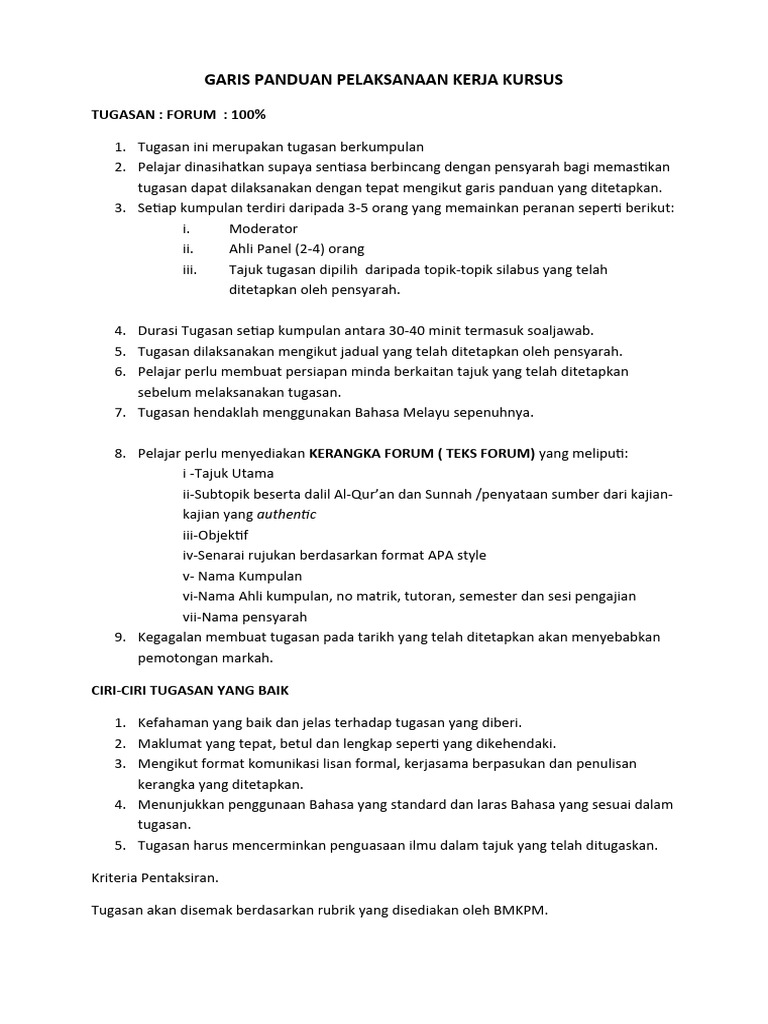 Garis Panduan Pelaksanaan Kerja Kursus | PDF
