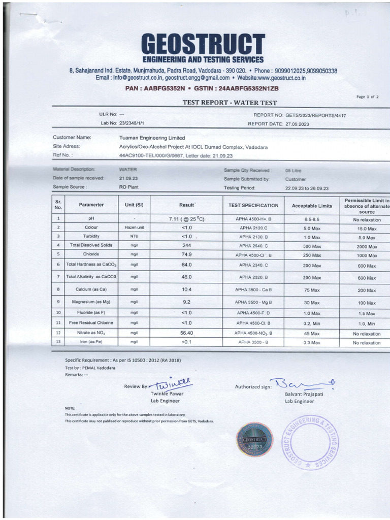 Drinking Water Test Report | PDF | Bacteria | Chemical Compounds