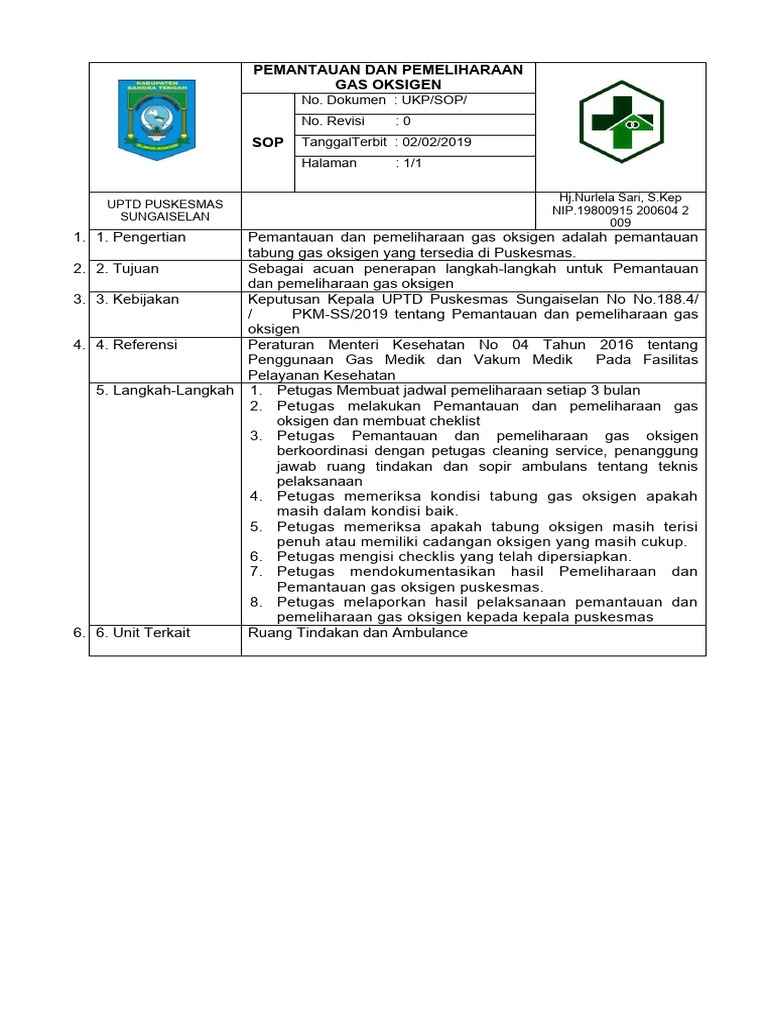 Sop Pemantauan Dan Pemeliharaan Gas Oksigen | PDF