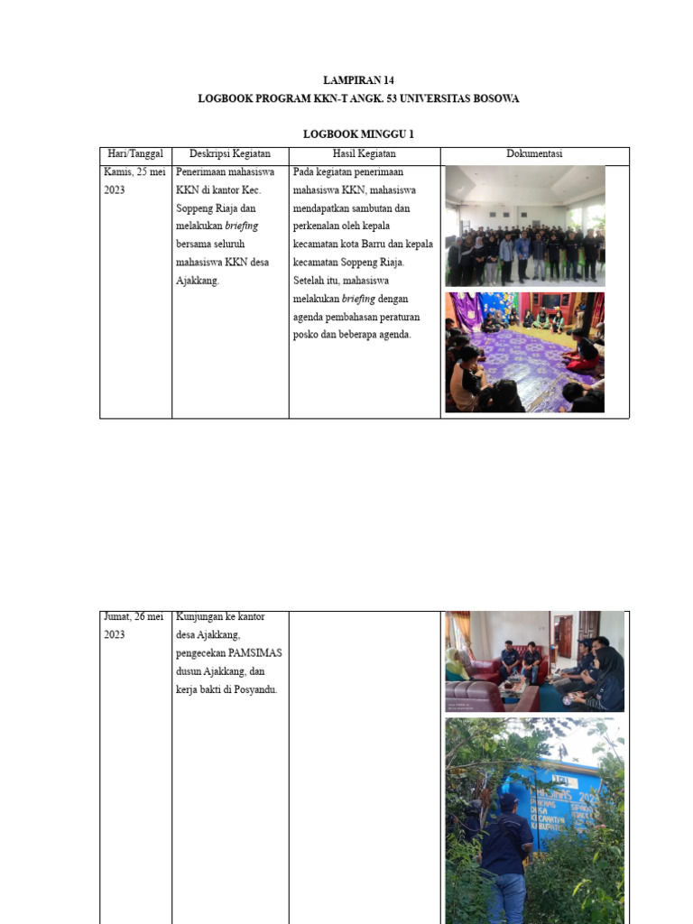 Contoh Logbook KKN Universitas Bosowa | PDF