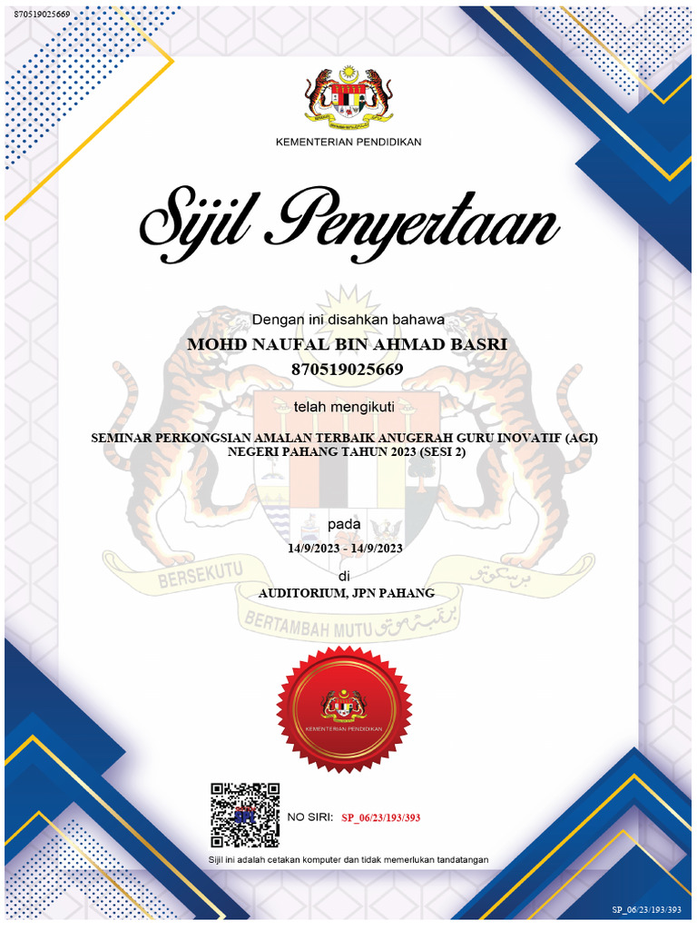 Sijil Digital SPLKPM 870519025669 (SP 06 23 193 393) | PDF