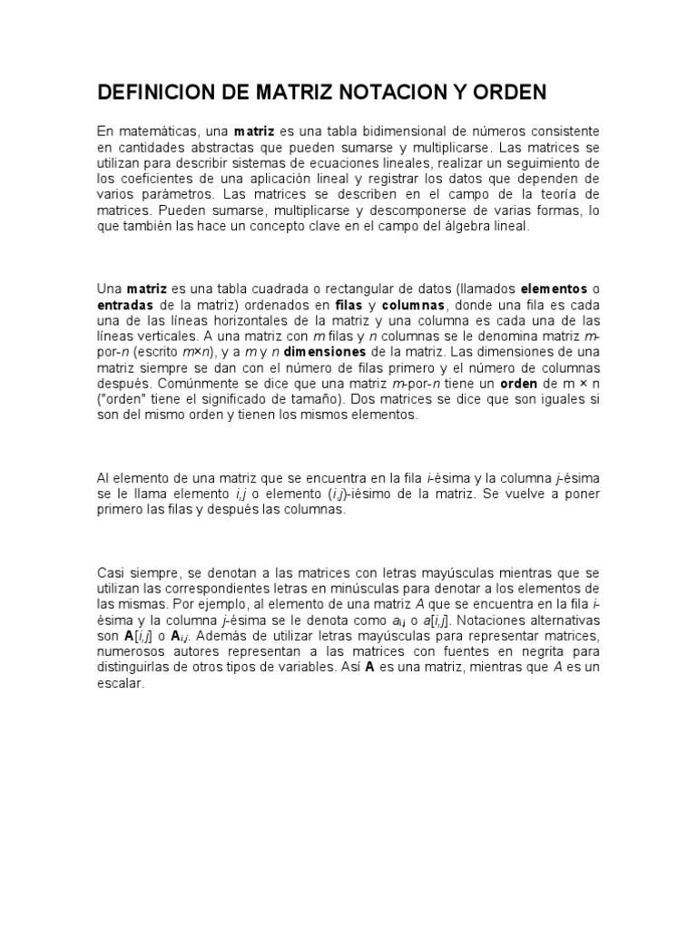 Definicion de Matriz Notacion y Orden | PDF | Matriz (Matemáticas ...