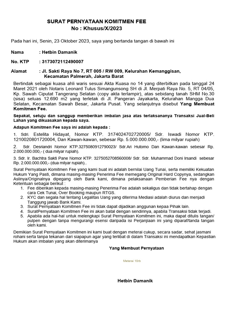 Pernyataan Komitmen Fee Tanah | PDF