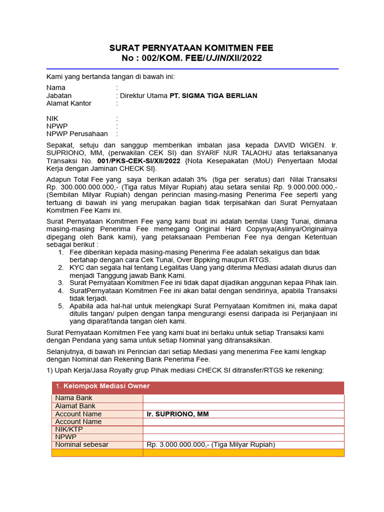 Surat Pernyataan Komitmen Fee | PDF