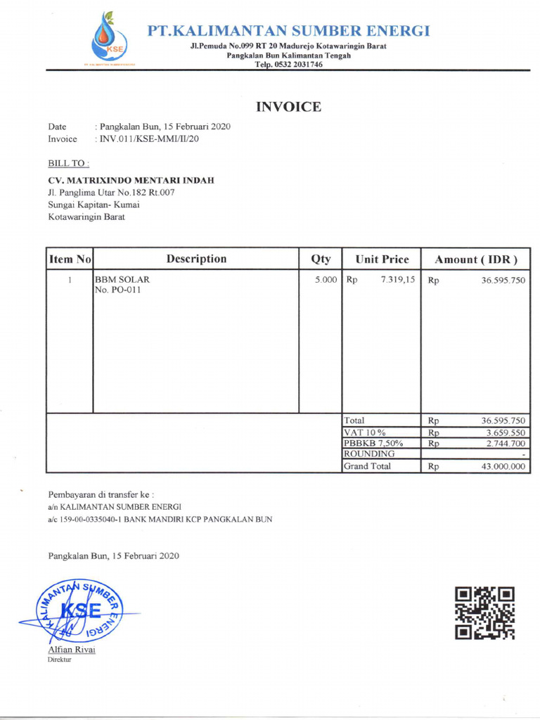 Inv. Matrixindo Mentari Indah Po. 011 Dan Faktur 150220 | PDF