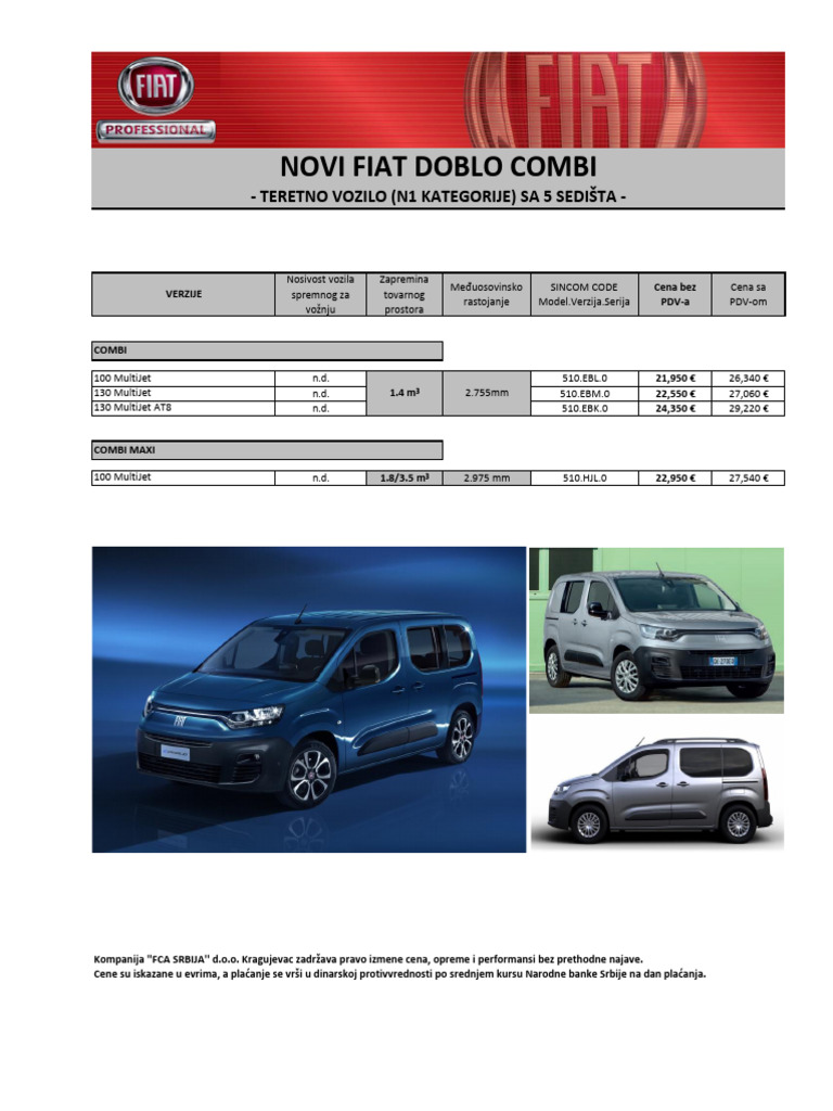 Cenovnik Doblo Combi | PDF
