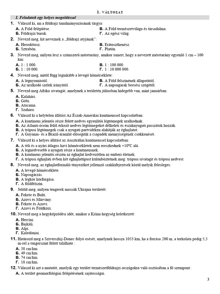 Foldrajz - 11 Oszt - 01 - Valtozat | PDF