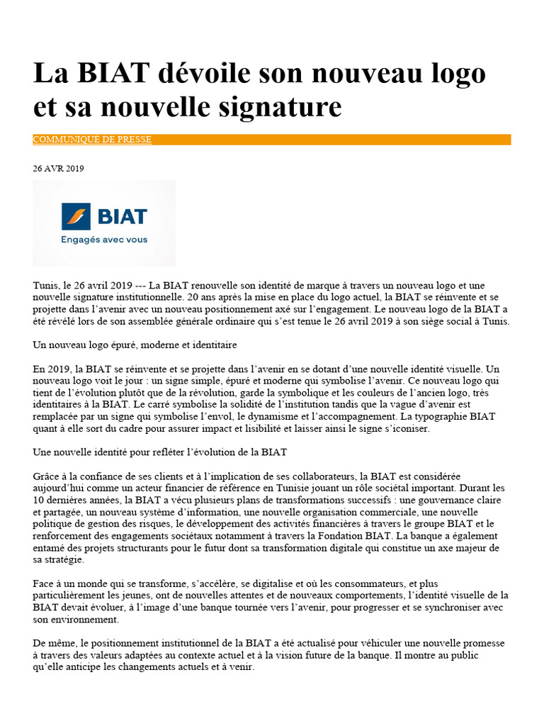 Nouveau logo et engagement de la BIAT | PDF | Responsabilité sociétale ...