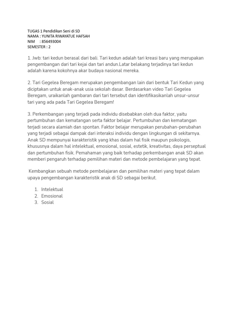 TUGAS 1 Pendidikan Seni Di SD | PDF