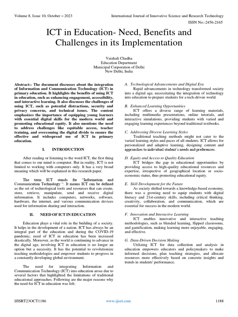 ICT in Education - Need, Benefits and Challenges in Its Implementation ... ICT in Education - Need, Benefits and Challenges in Its Implementation ...