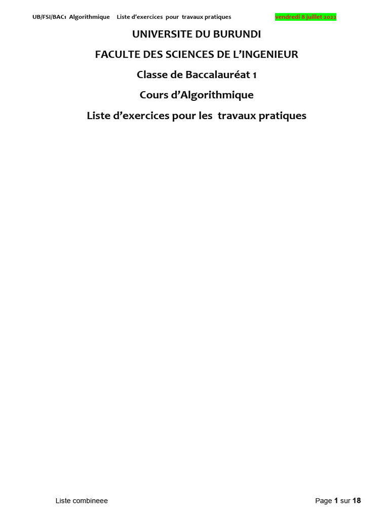 Exercices d'Algorithmique pour BAC1 | PDF | Triangle | Médiane ...
