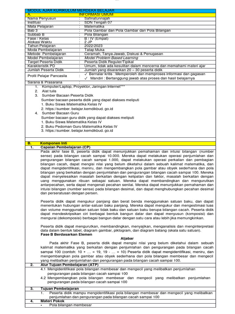 Modul Ajar Gabungan Kelas 4 Matematika | PDF