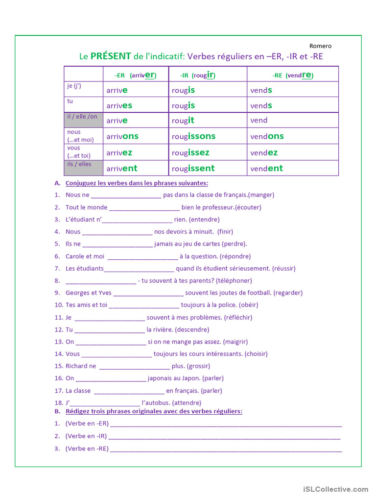 Référence Et Pratique - Le Présent Des Verbes Réguliers (-ER, - IR ...