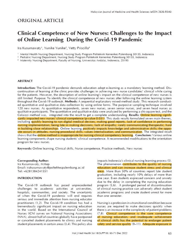 Clinical Competence of New Nurses - Challenges To The Impact of Online Learning During The Covid ...