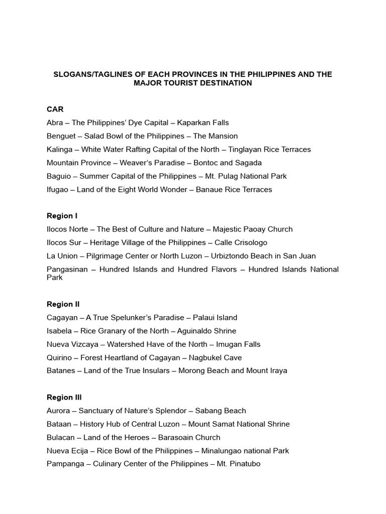 Province Tourism Slogans and Taglines | PDF | Luzon | Mindanao