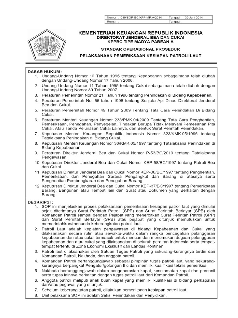 SOP Patroli Kepabeanan Dan Cukai (Laut) - MP C | PDF
