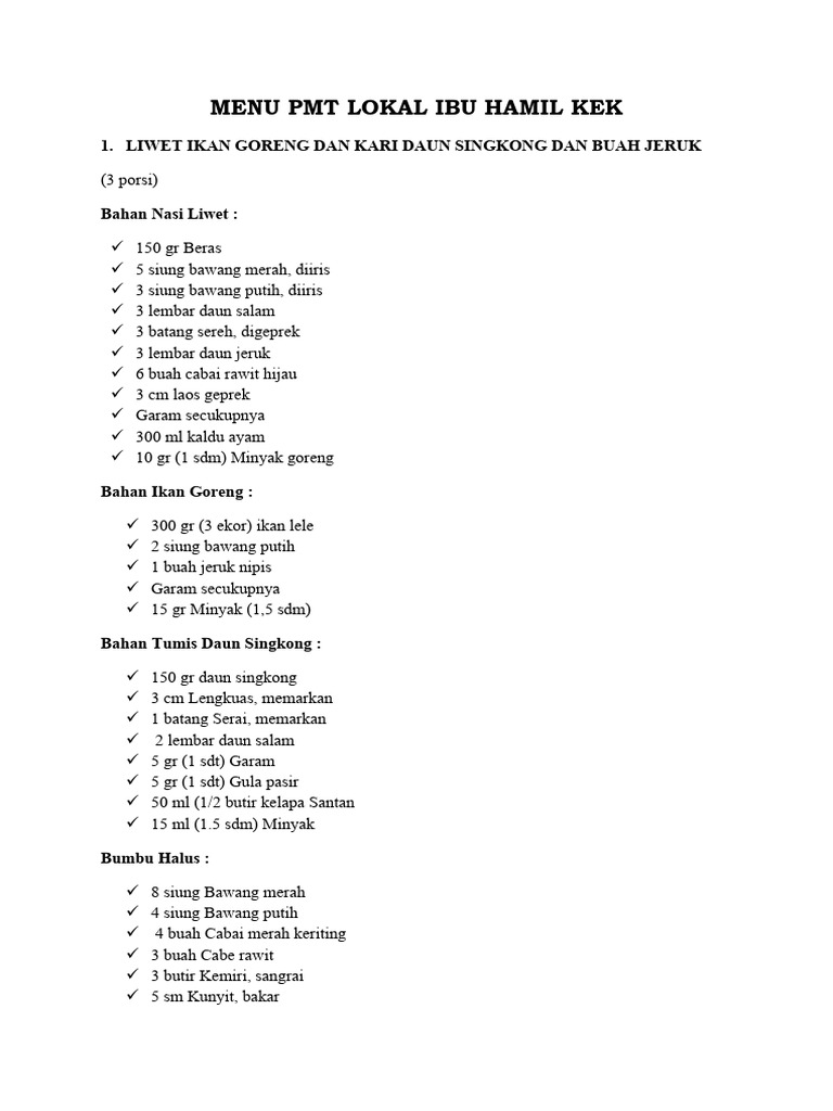 MENU PMT LOKAL IBU HAMIL KEK Dan BALITA GIZI KURANG | PDF