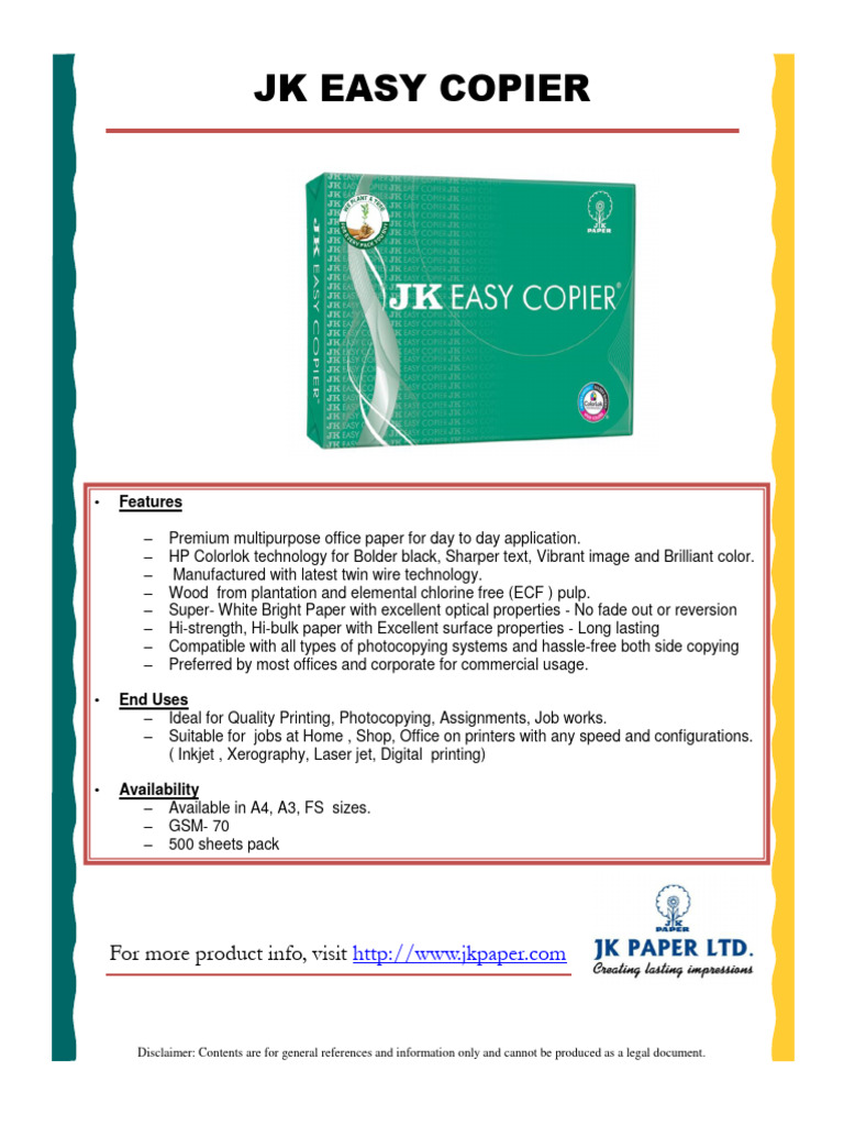 JK Easy Copier Paper Features | PDF | Photocopier | Paper