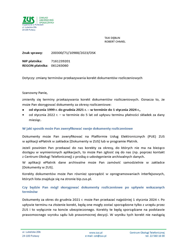 Zalacznik - Informacja o Zmianie Terminów Przekazywania Korekt ... Zalacznik - Informacja o Zmianie Terminów Przekazywania Korekt ...
