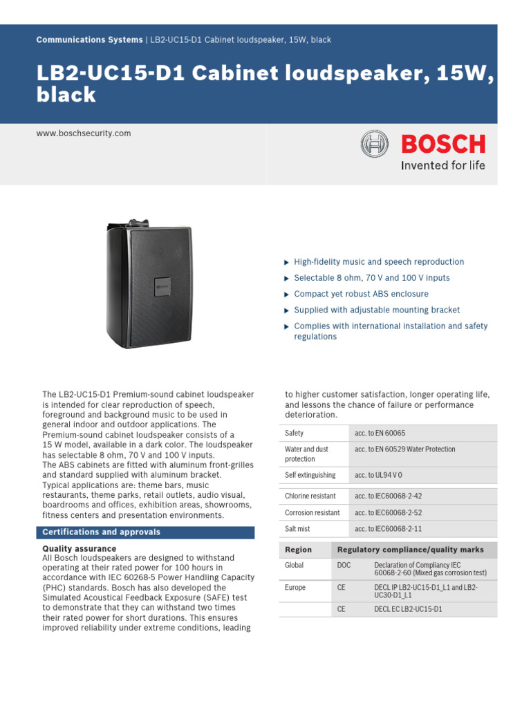LB2 UC15 D1 Data Sheet enUS 80218278539 | PDF | Loudspeaker | Frequency
