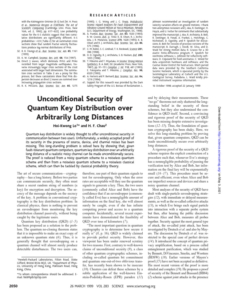 Lo-Unconditional Security of Quantum Key Distribution Over Arbitrarily Long Distances-1999 ...