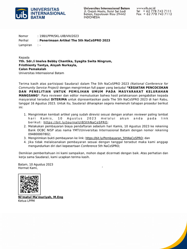 Yth. Sdr./i Imelva Bebby Chantika, Syagita Swita Ningrum, Fristhienty Tantya, Aisyah Nurkayla ...