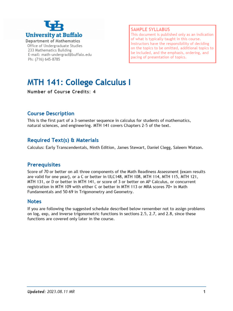Mth141 Syllabus Cal Pdf Derivative Function Mathematics