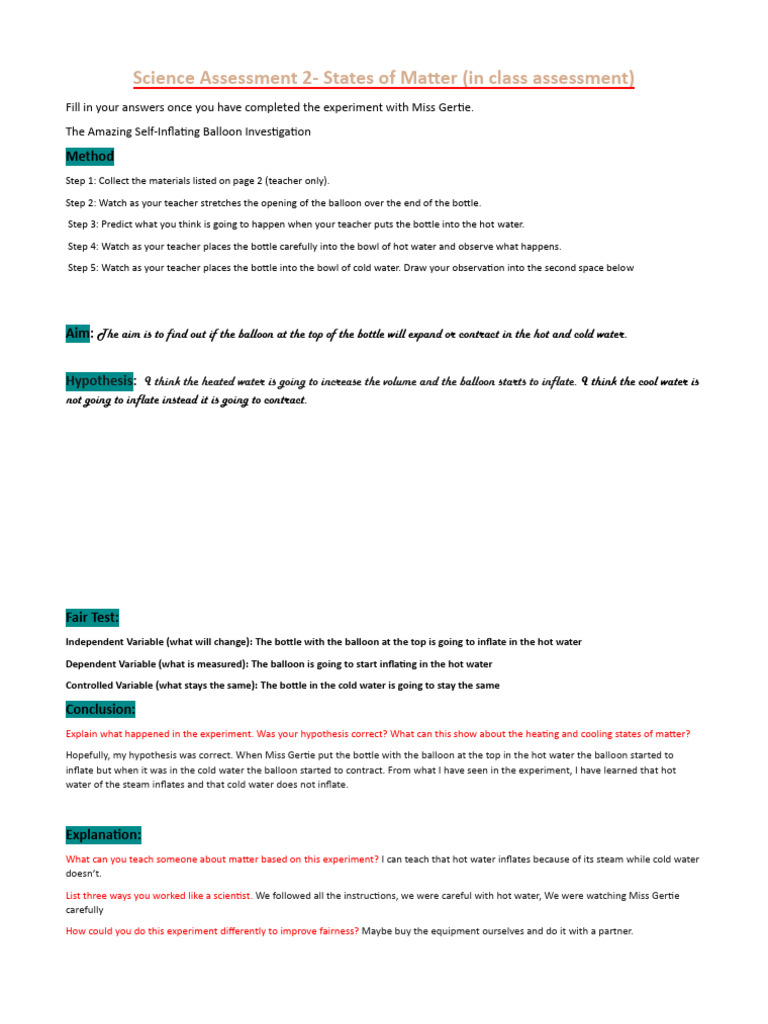 Science Assessment Term 2 in Class | PDF