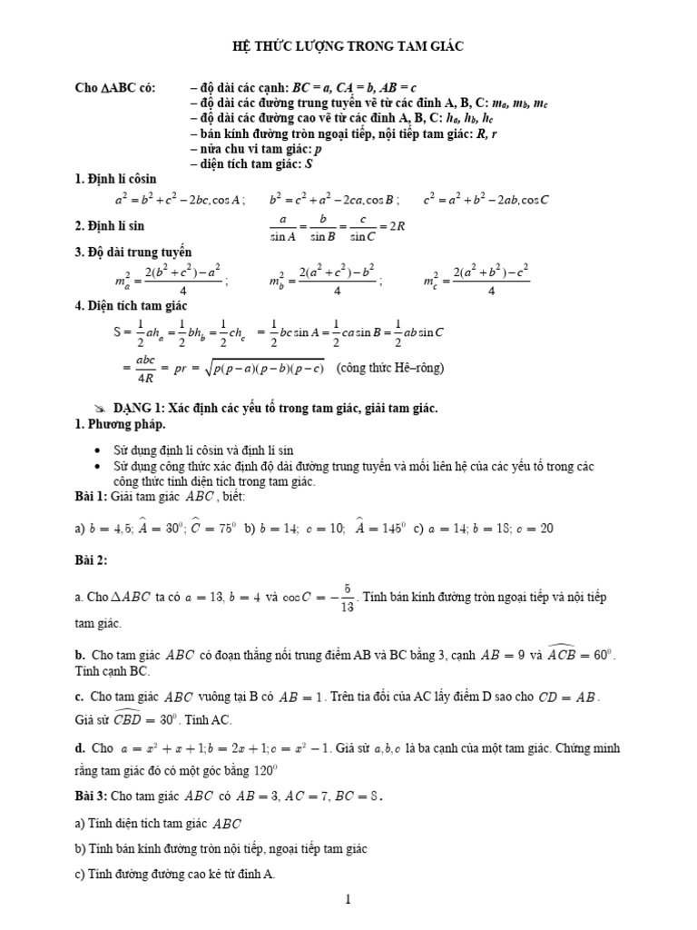 HỆ THỨC LƯỢNG TRONG TAM GIÁC 10a1 | PDF