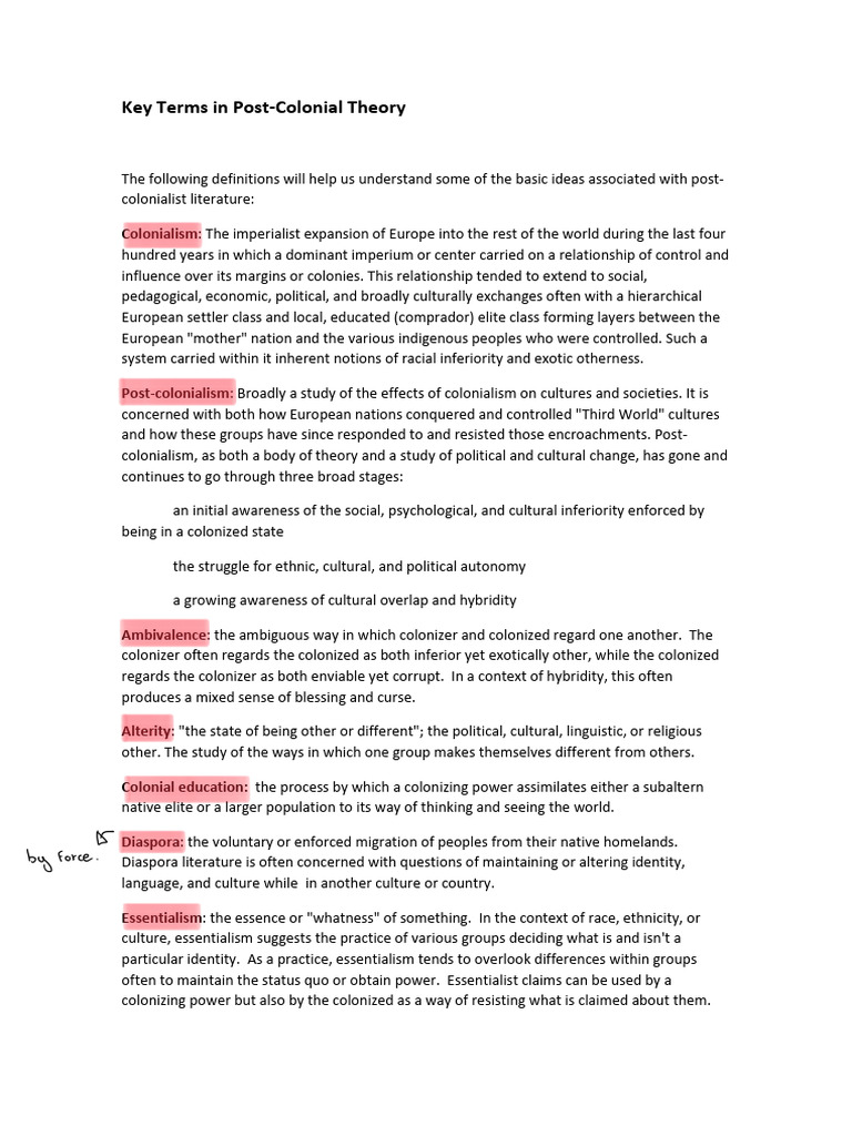Key Terms in Post-Colonial Theory - Opening Session | PDF | Postcolonialism | Colonialism