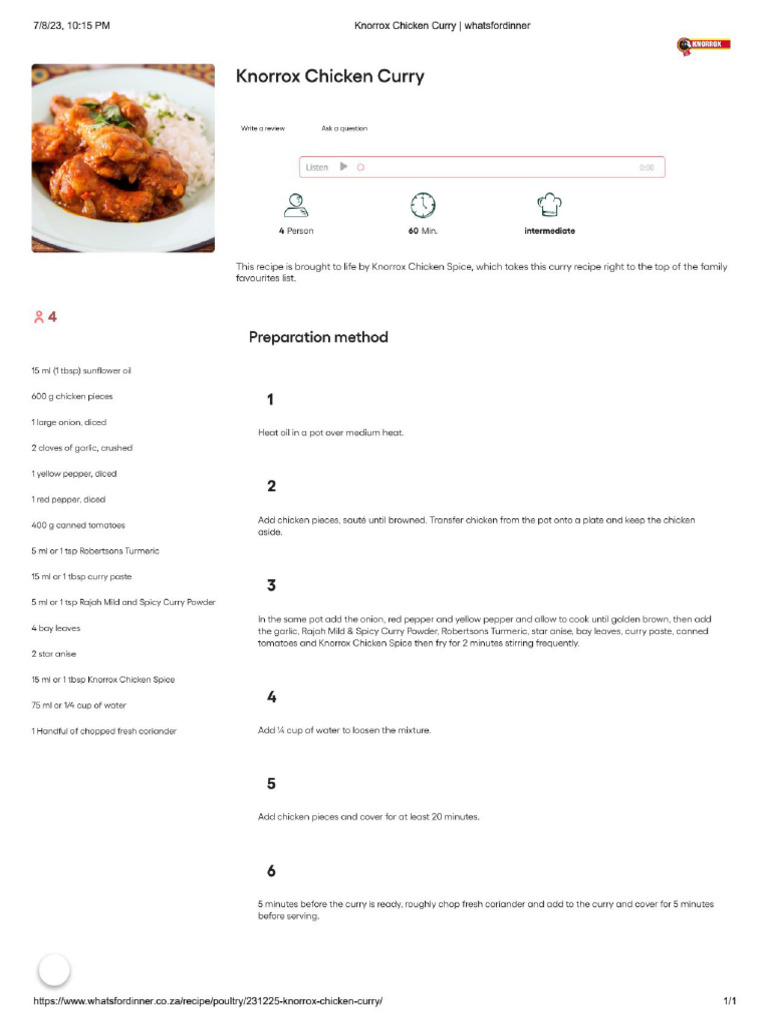 Knorrox Chicken Curry - Whatsfordinner | PDF