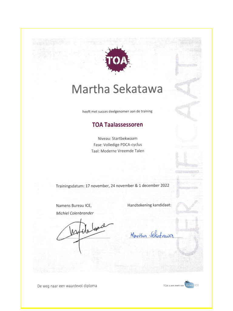 Toa Certificate | PDF