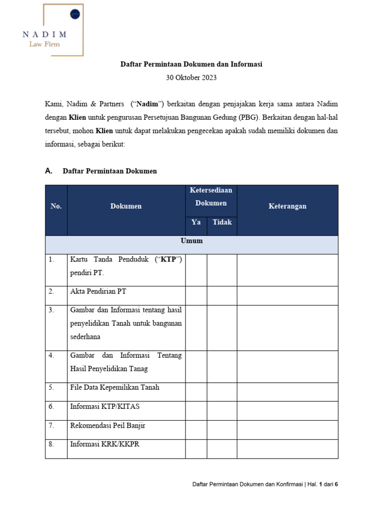 Daftar Pengecekan Dokumen Dan Konfirmasi Pengurusan PBG | PDF