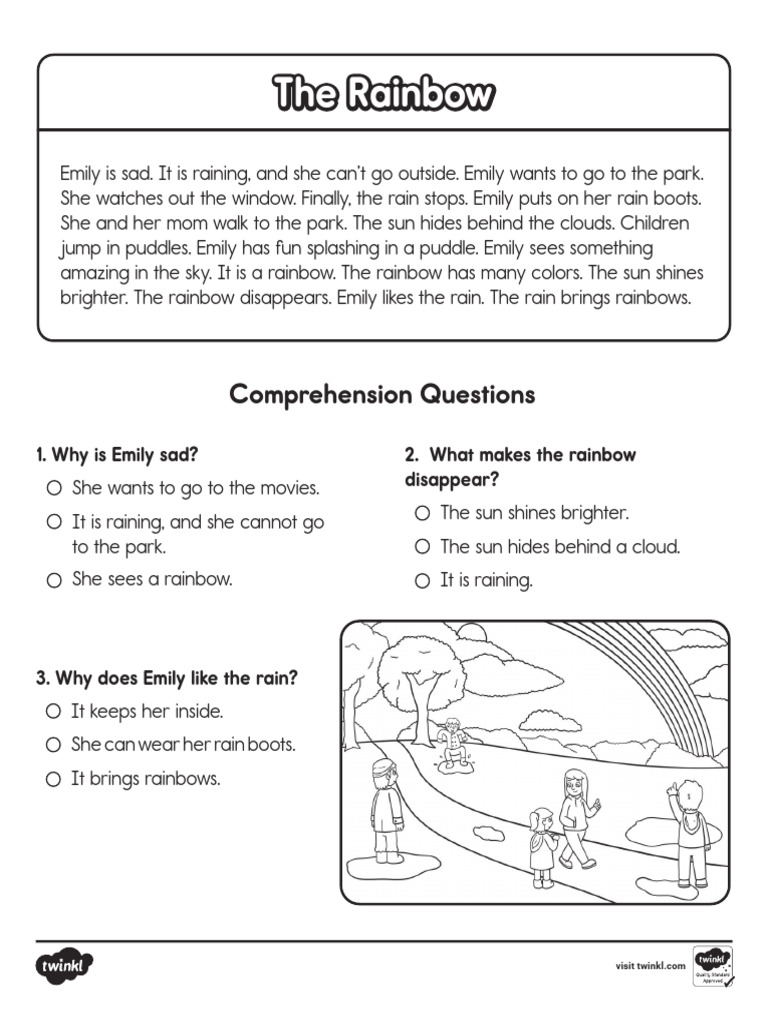 Black and White Kindergarten The Rainbow Reading Passage Comprehension ...