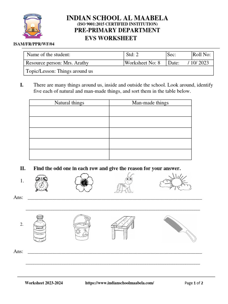 STD 2 EVS WORKSHEET 8-Things Around Us | PDF