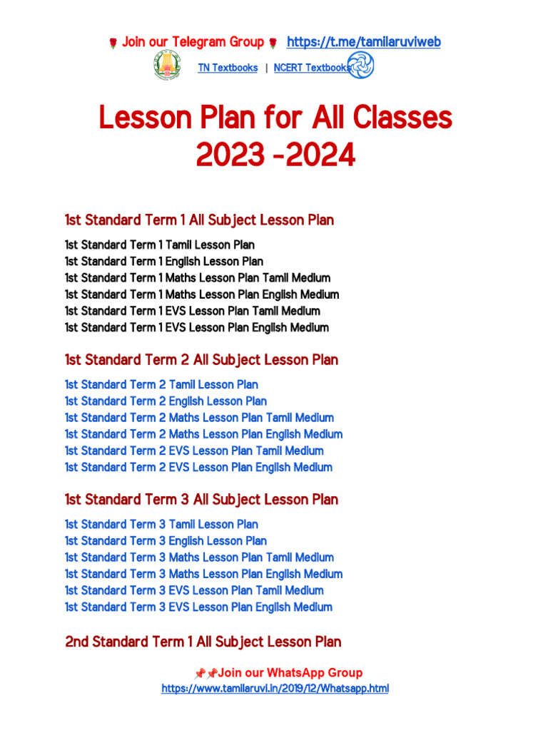 1st Standard Tamil Lesson Plans | PDF