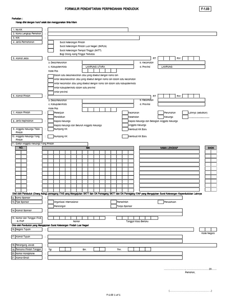 F 1.03 Formulir Pendaftaran Perpindahan Penduduk | PDF