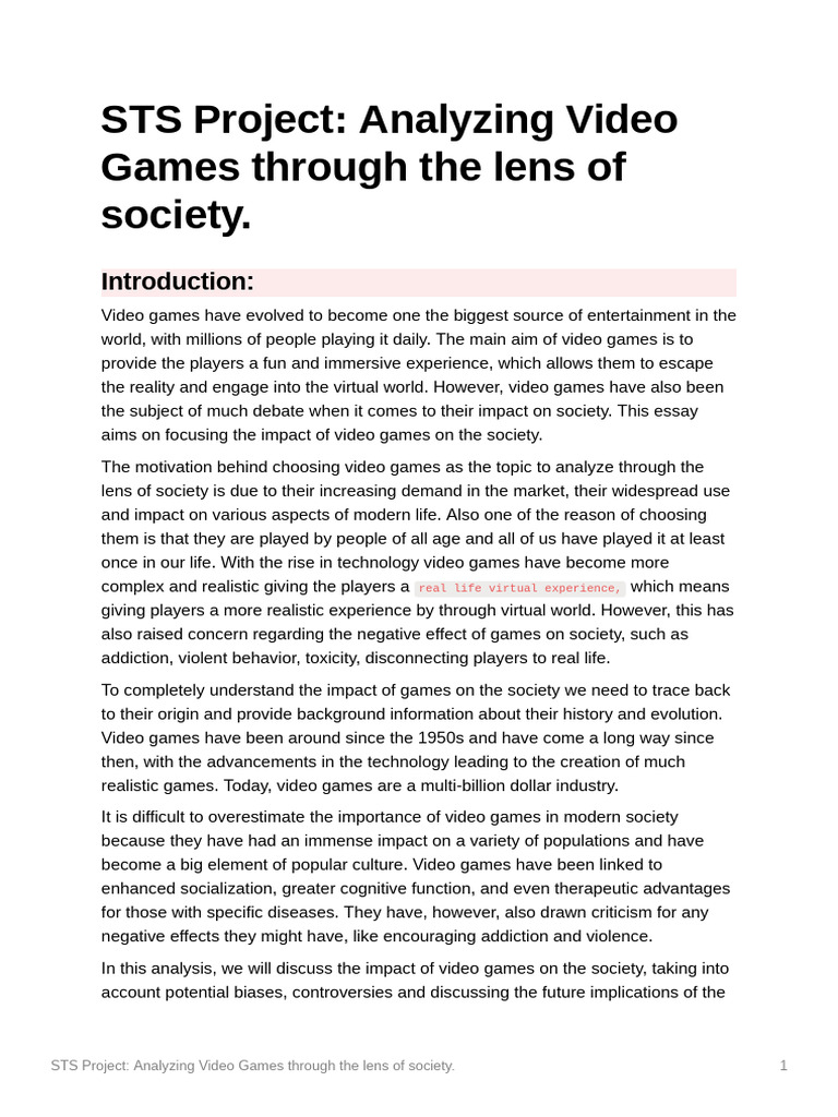 STS Project WriteUp | PDF | Video Games | Bias