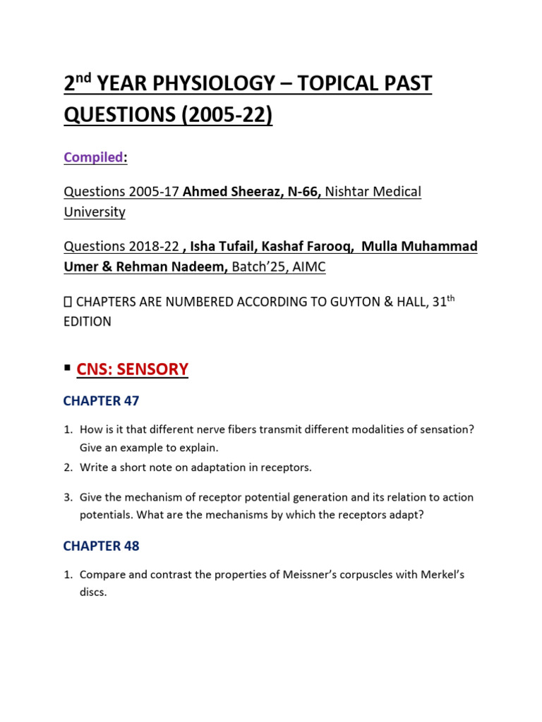 Physiology 2nd Year Topical Past Papers 2005-22 | PDF | Kidney | Medical Specialties