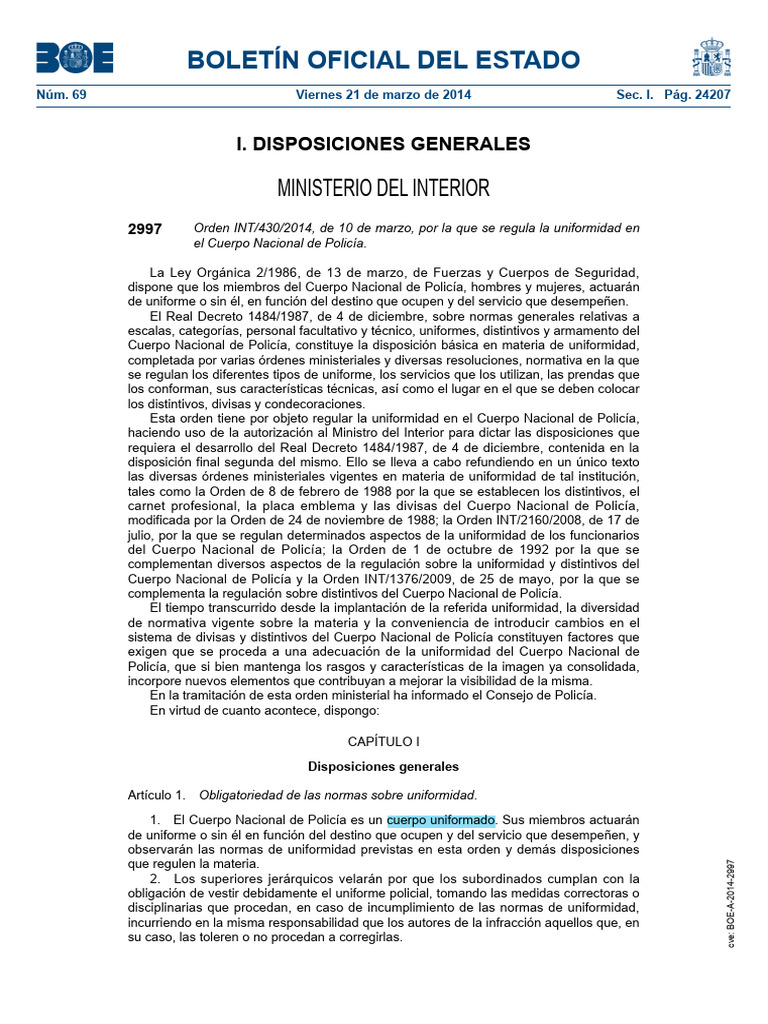 +orden Int-430-2014. Uniformidad en El CNP | PDF | Policía | Gobierno
