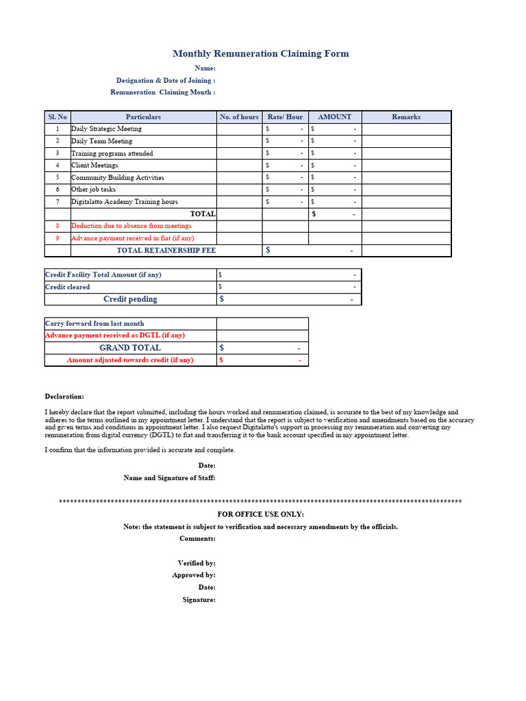 Monthly Remuneration Claiming Form To Fiat | PDF | Business | Payments