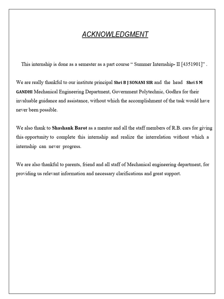 Internship Acknowledgment for Mechanical Engineering | PDF