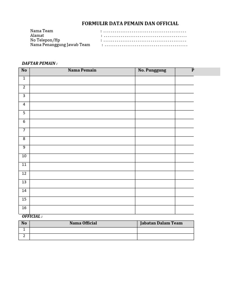 Formulir Data Pemain Dan Official KMC 2022 | PDF