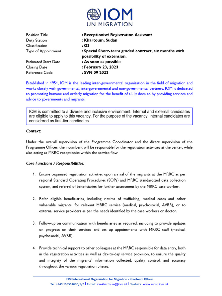 IOM Khartoum Receptionist Job Vacancy | PDF | International ...
